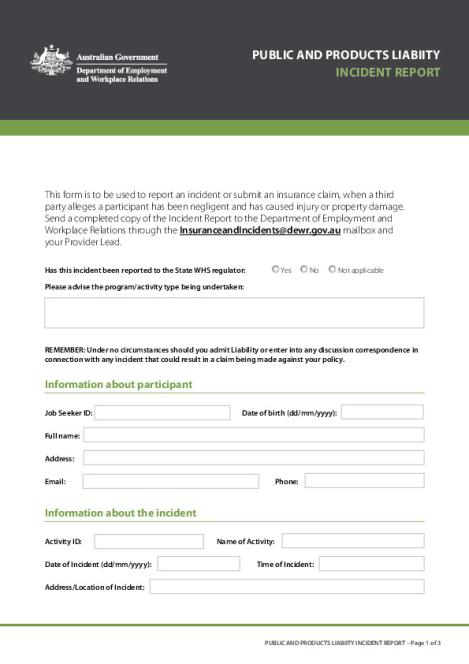 Public and products liability claim and incident report form ...